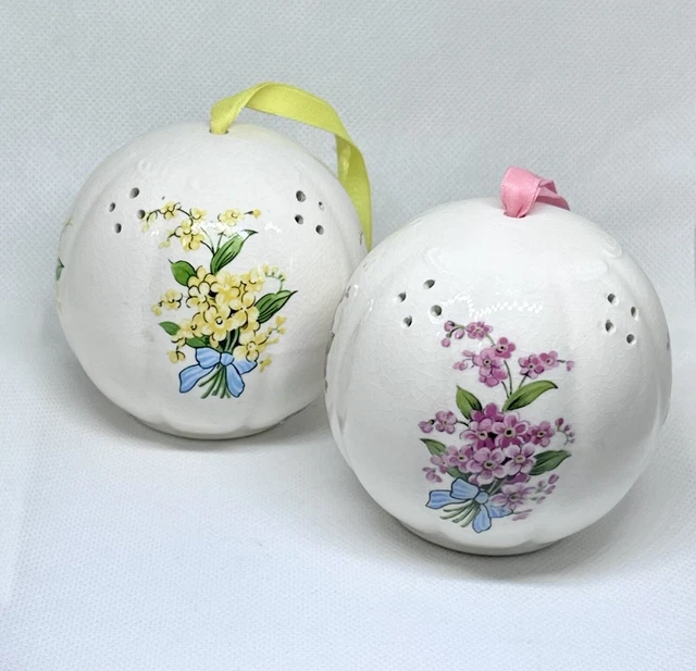 VINTAGE POMANDER POTPOURRI Balls Hanging Ceramic Floral Design Lot Of 2 ...