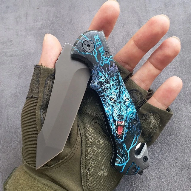 ICE WOLF KNIFE EDC Glass Breaker Large Camping Knife Collectors Folding ...