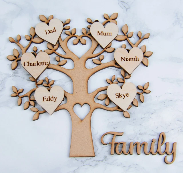 MDF FAMILY TREE Shape Personalised Engraved Hearts & Family sign Heart ...