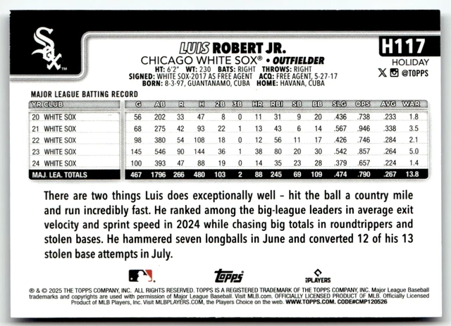 TOPPS SERIE 1 MLB Béisbol 2025 No. H117 Luis Robert Jr. Brillo Azul EUR ...