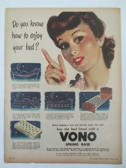 VINTAGE AUSTRALIAN ADVERTISING 1949 ad VONO SPRING BASE BED & MATTRESS ...