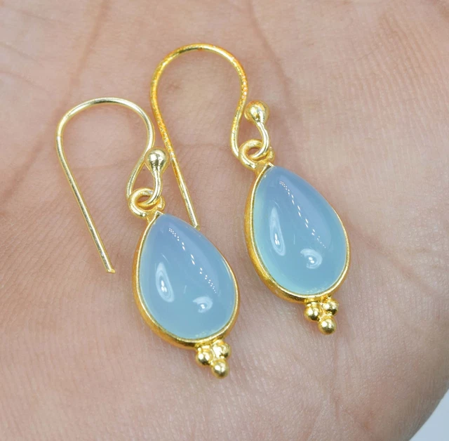 925 Solid Sterling Silver 24ct Gold Overlay Blue Chalcedony Hook