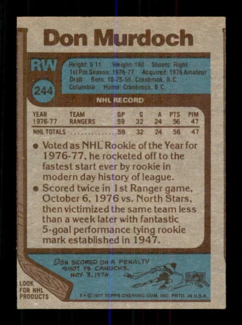 1977-78 TOPPS #244 Don Murdoch NM/NM+ RC recrue NY Rangers 541227 EUR 1 ...