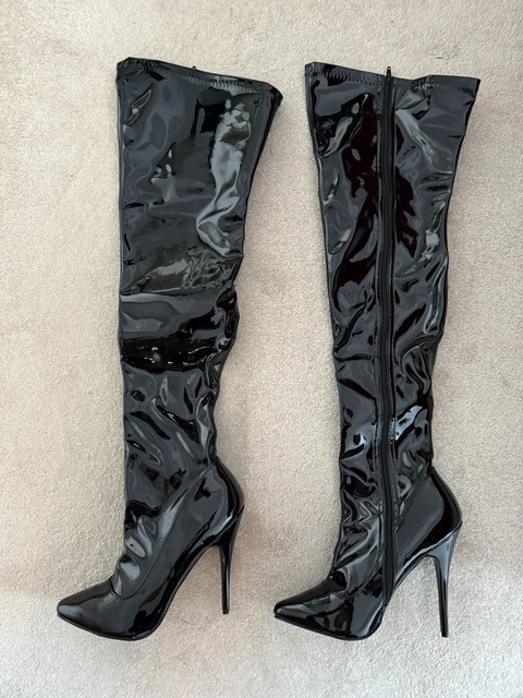 FETISH BLACK PVC Thigh High Boots Uk 11 Pleaser Domina £59.99 - PicClick UK