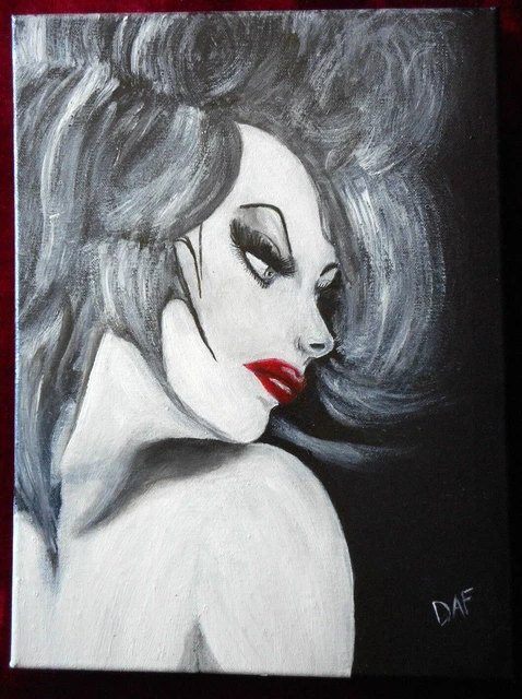TABLEAU ACRYLIQUE SUR toile signé DAF peinture 30X40 femme visage ...