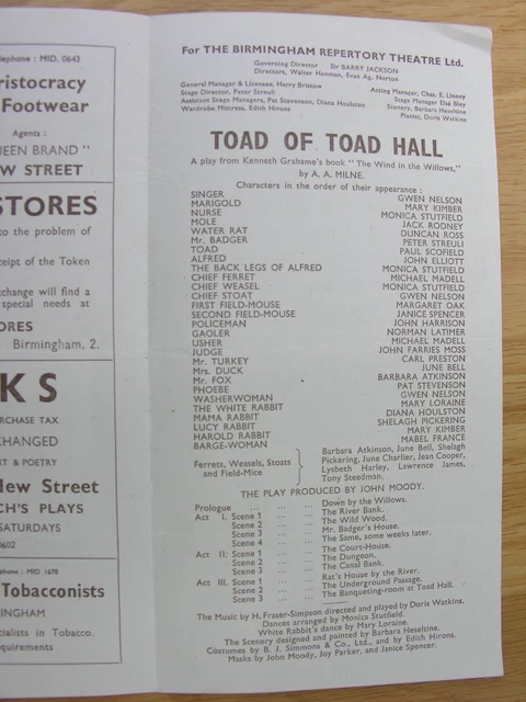 1944 TOAD OF TOAD HALL Paul Scofield, Gwen Nelson, Peter Streuli ...