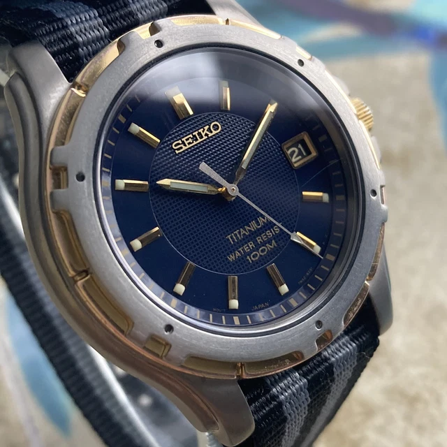 SEIKO WATCH TITANIUM Vintage 1990s Blue Dial NATO Strap 40mm Case £77. ...