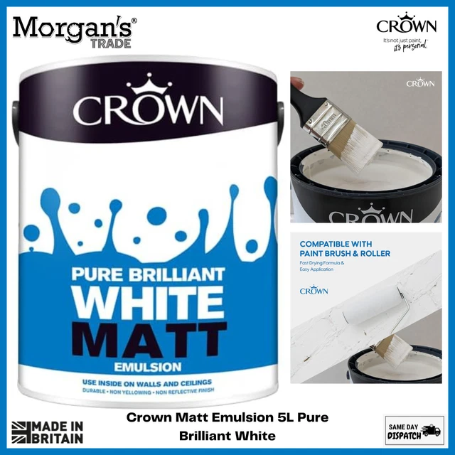 CROWN MATT EMULSION Paint For Interior Walls Ceilings Pure Brilliant White 5L £16.73 - PicClick UK