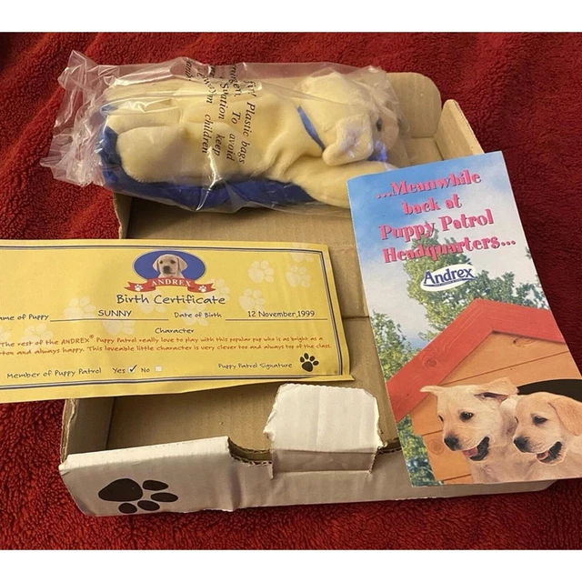 VINTAGE ANDREX PUPPY Dog Plush Soft Toy With Box - Birth Cert. DOB 17/9 ...