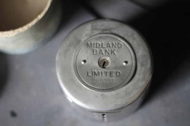 VINTAGE MIDLAND BANK Money Box Silver Chrome Metal Round with Box No ...