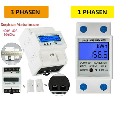 1/3 PHASEN LCD POWER COUNTER Three-phase Meter 5 (80) A for DIN Rail ...