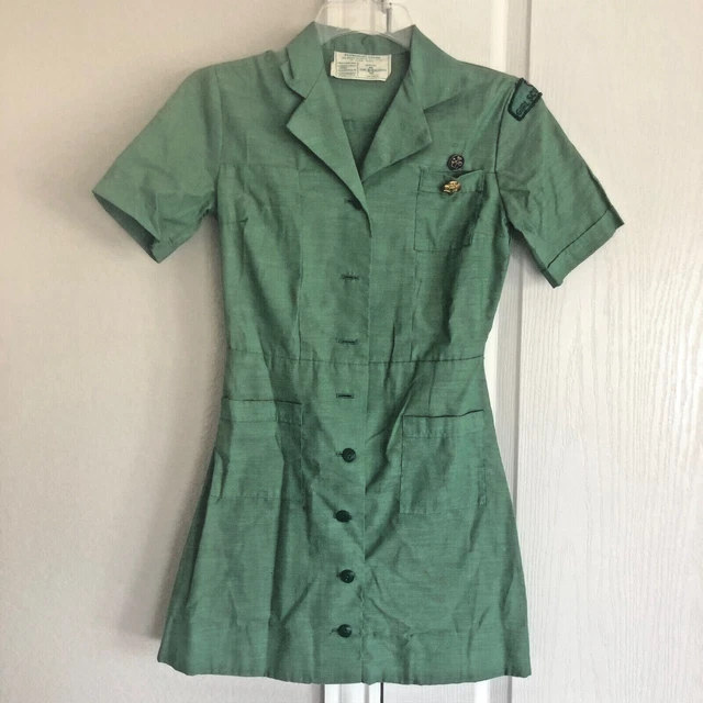 VINTAGE 1970S AUTHENTIC Girl Scout Dress Uniform w/Pins Green Size 7 ...