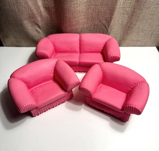 VINTAGE MATTEL 1988 Barbie Couch Chairs and Sofa Furniture Pink Vinyl ...