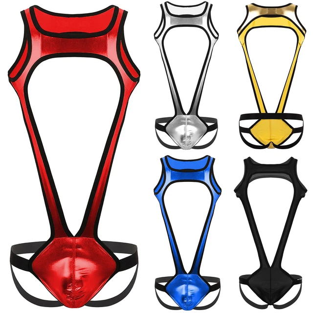 MENS SHINY WRESTLING Singlet Leotard Mankini Wetlook Bodysuit Jockstrap ...