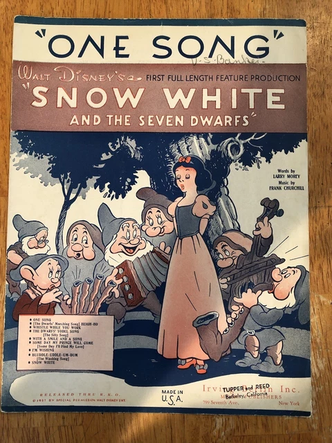 WALT DISNEY’S SNOW White- “One Song”- Sheet Music, 1937 £8.63 - PicClick UK