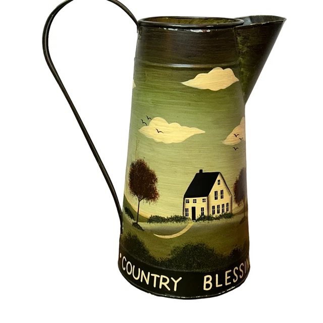 VINTAGE HAND PAINTED Folk Art Colonial Toleware Americana Ohio Pitcher ...