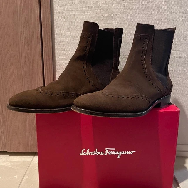 SALVATORE FERRAGAMO WING Tip Zip Ankle Boots Brown Suede Men's Size 8 ...