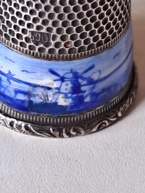 VINTAGE GABLER THIMBLE Silver 800 With Blue & White Windmill Enamel ...