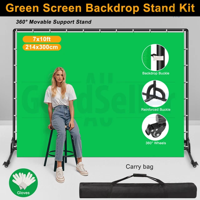 7X10FT GREEN SCREEN Backdrop Stand Movable with Wheels Greenscreen ...