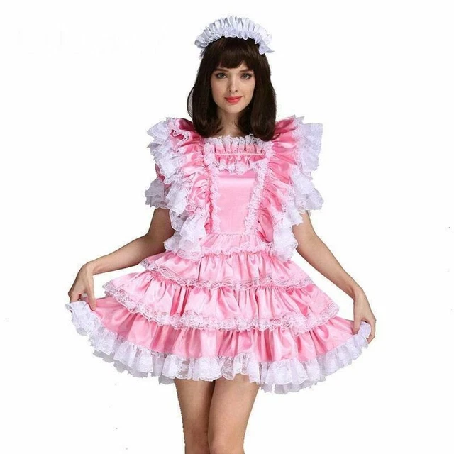 Sissy Girl Maid Satin Pink Lockable Dress Cosplay Costume Tailor Made £