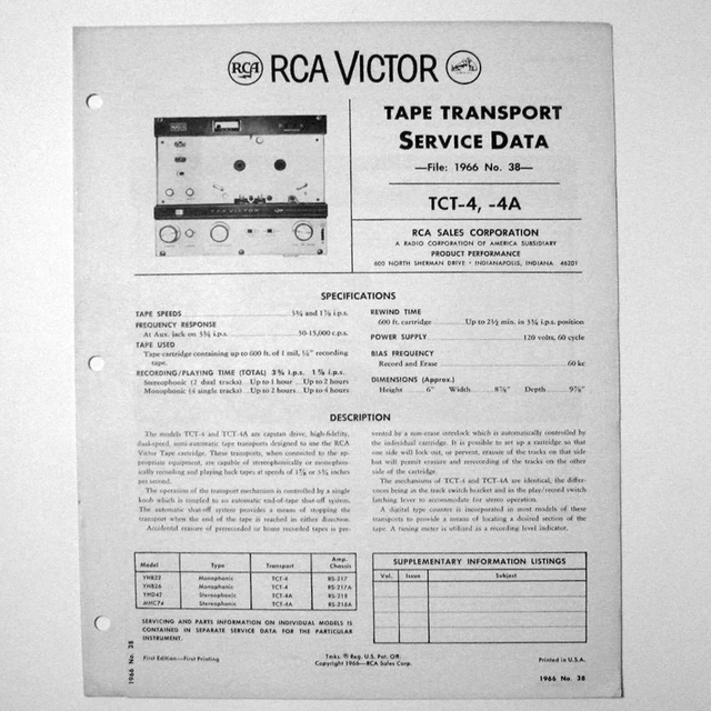RCA ® MODEL TCT-4 TCT-4A Transport Tape Cartridge Recorder Service ...