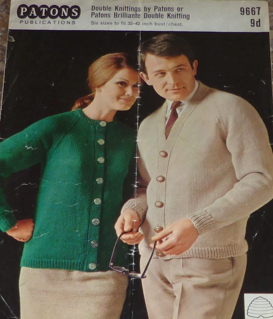 VINTAGE PATONS KNIT Pattern DK Raglan His/Her's Round/V-Neck Cardigan ...