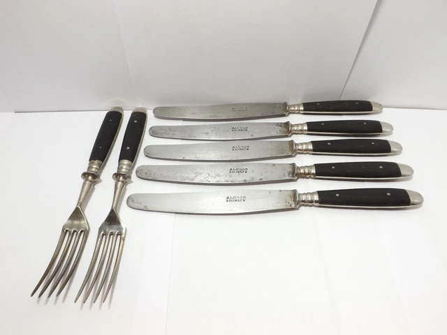 ALTES BESTECK SOLINGEN 5 Buckelsmesser Messer 2 Gabeln Ebenholz 7 Teile ...