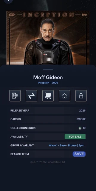 STAR WARS CARD Trader Inception 2026 Moff Gideon Bronze Base Epic $6.00 ...