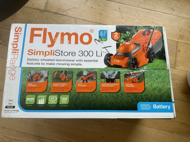 FLYMO SIMPLISTORE 300 Li 40v Cordless Rotary Lawnmower 300mm 2 x 2.6ah ...