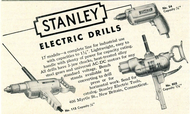 1952 SMALL PRINT Ad of Stanley Electric Tools Drill Model No 24 805 ...