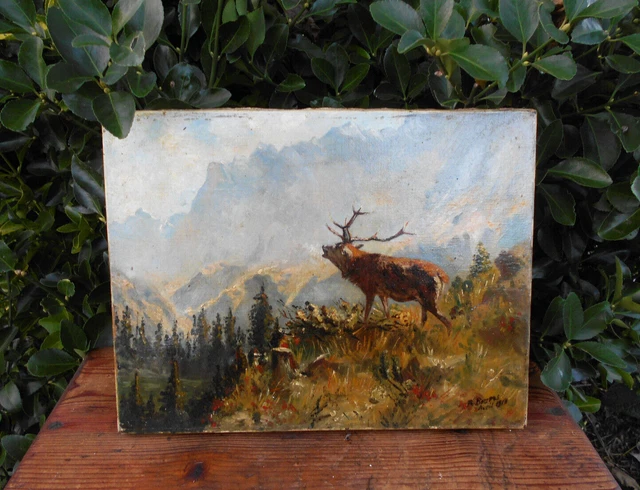 TABLEAU ANCIEN PEINTURE Huile sur Toile HST Cerf Montagne Ecole de ... TABLEAU ANCIEN PEINTURE Huile sur Toile HST Cerf Montagne Ecole de ...
