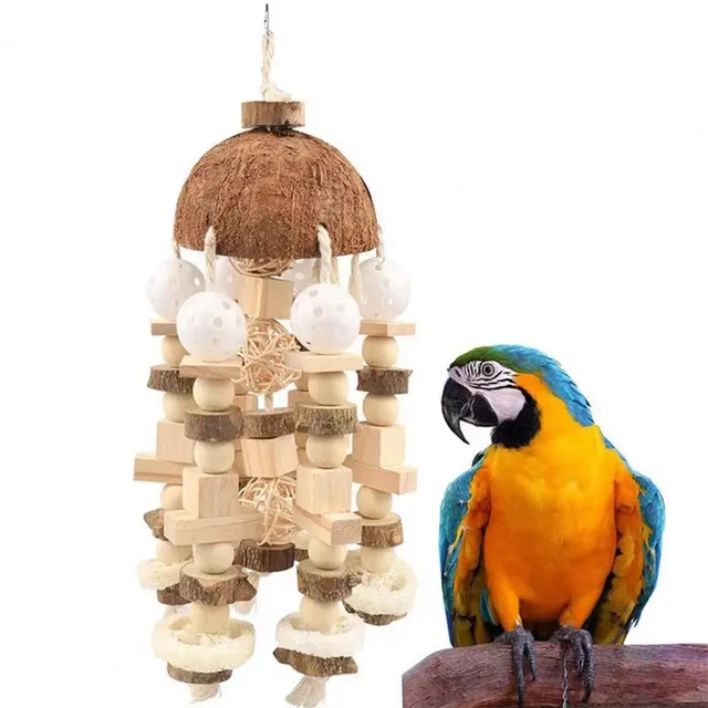 COCONUT SHELL PARROT Chewing Toy Hanging Natural Wooden Parrot Cage ...