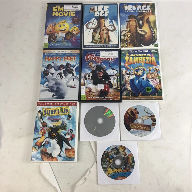 10 ANIMATED MOVIE DVD Lot Emoji Ice Age Happy Feet Surfs Up Bee Open ...