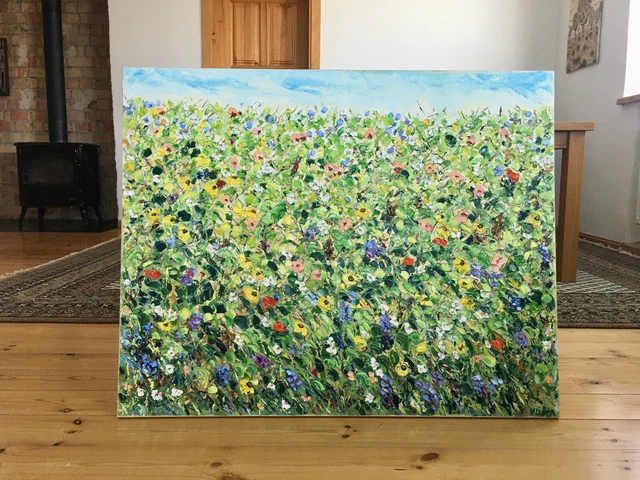 GROSSE BLUMENWIESE IMPASTO Ölgemälde auf Leinwand Original Sommerfeld Gemälde EUR 499,00 ...
