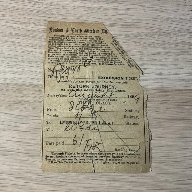 RARE 1899 ‘LONDON & North Western Railway’ Excursion Ticket. Cost 6 ...