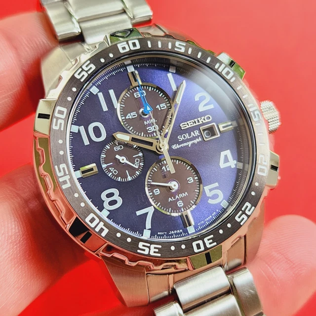 SEIKO CHRONOGRAPH ALARM Solar Watch Blue Dial Stainless Steel V172-0AT0 ...
