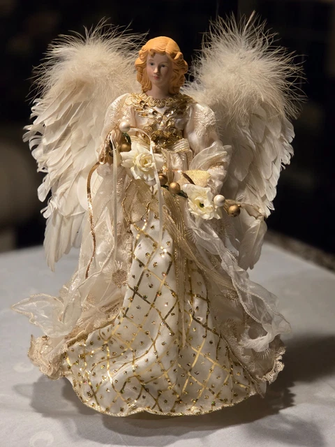VICTORIAN CHRISTMAS ANGEL Tree Topper Ivory/Gold/Lace W/Feather Wings ...