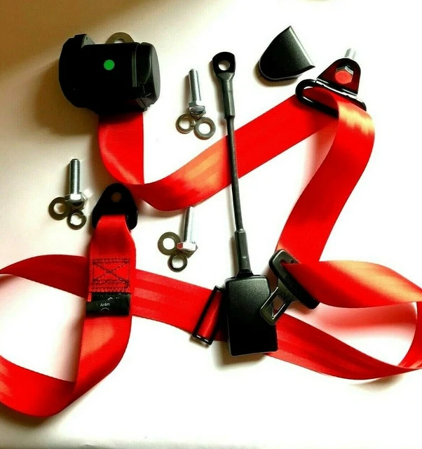 RED UNIVERSAL 3 Point Adjustable Inertia Seat Belt & Wire Stalk Buckle ...