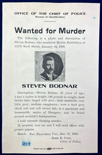 1909 Pre Fbi Wanted Poster Murder San Francisco Original Antique