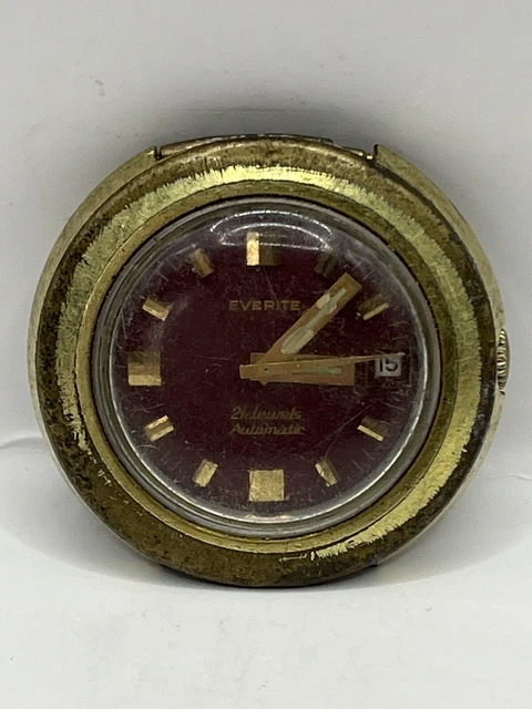VINTAGE EVERITE 21 Jewels Automatic Red Dial Watch Face For Parts ...