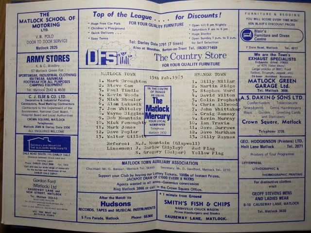 DERBYSHIRE SENIOR CUP Matlock Town v Heanor Town 15th February 1983 £1. ...