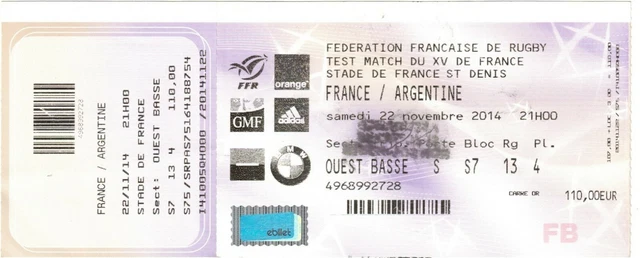 TICKET COLLECTION RUGBY : France - Argentine Test Match 22/11/2014 @ St ...