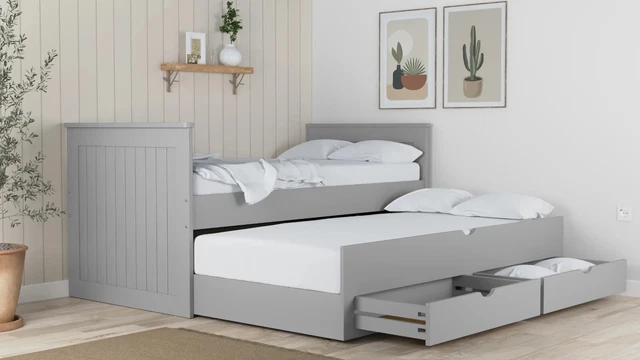 TRUNDLE BED FRAME With Drawers Storage Wooden Grey 3ft Single Pull Out ...