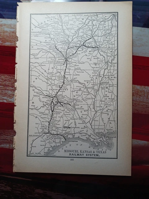 ~1895 TRAIN ROUTE Map MISSOURI KANSAS & TEXAS RAILWAY SYSTEM Indian ...