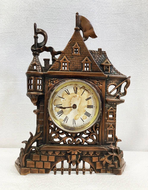 ANTIQUE CAST IRON Architectural Figural Building Mantle Clock Golden ...