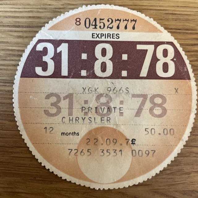 OLD TAX DISC August 1978 (Chrysler) £4.22 - PicClick UK