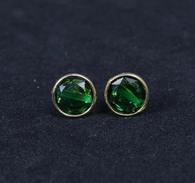 925 SOLID STERLING Silver 24CT Gold Overlay Cut Olive Green Quartz Stud ...