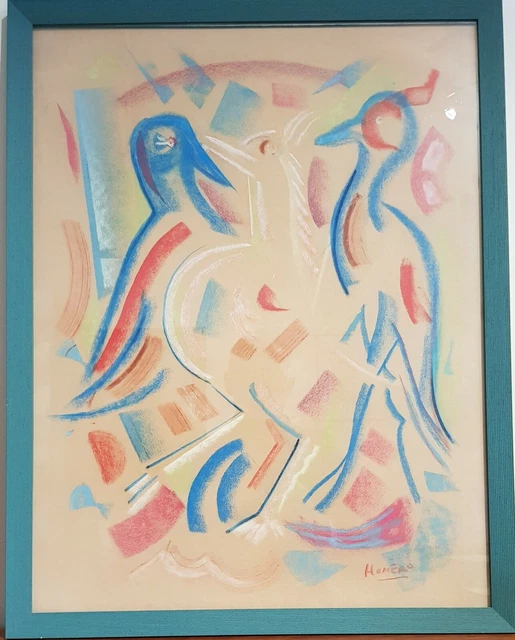 PASTEL SIGNÉ PAR HOMERO-PANAGIOTOPULOS, "Oiseaux bleus", parfait état ...