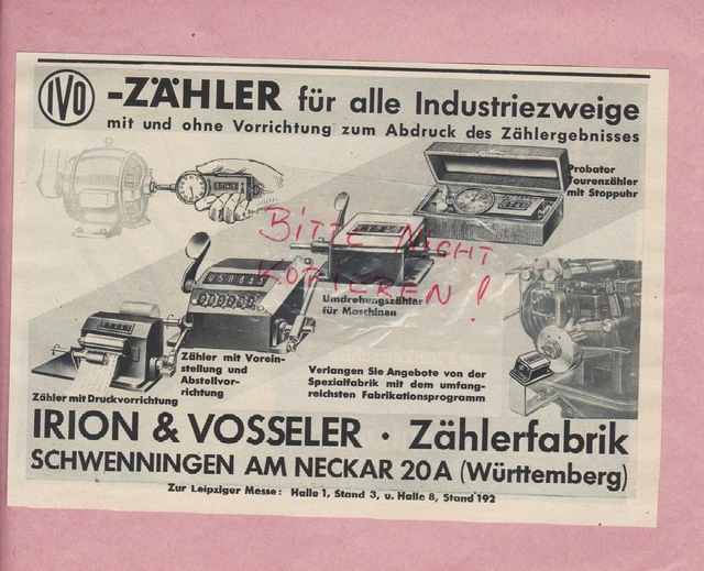 SCHWENNINGEN, WERBUNG 1939, Irion & Vosseler Zählerfabrik EUR 14,99 ...
