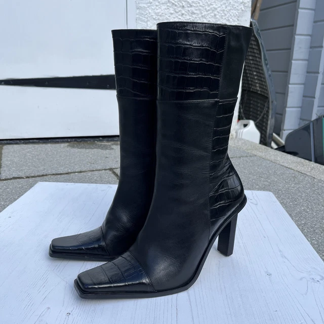 VINTAGE 90S Y2K Sabatine Black Leather Crocodile Square Pointed Toe ...